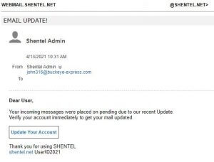 Shentel Email Scam for April 2021 - BlueScreen Computer