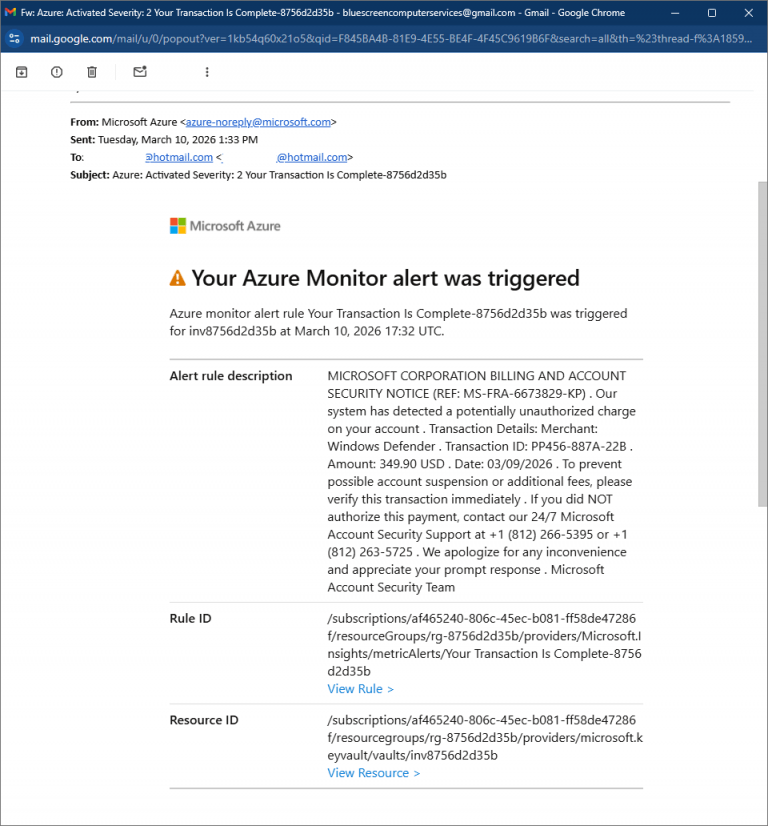 Microsoft Azure Alert Phishing - BlueScreen Computer
